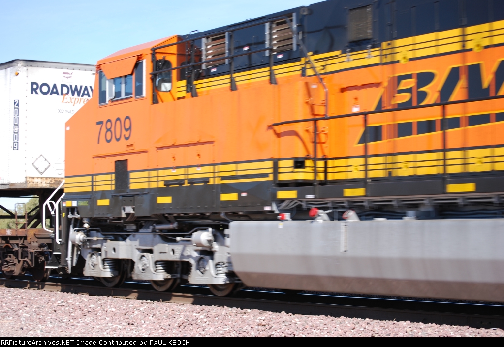 Close up of BNSF 7809 as she flies by me doing 70 MPH as a #8 unit on a eastbound Hot Z-train ...